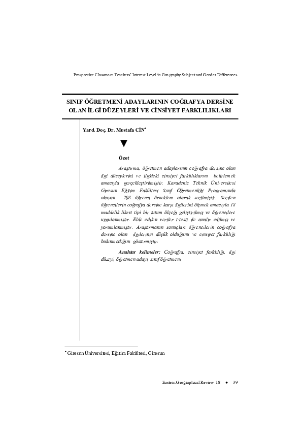 (PDF) Sinif Öğretmeni̇ Adaylarinin Coğrafya Dersi̇ne Olan İlgi̇ Düzeyleri̇ Ve Ci̇nsi̇yet ...
