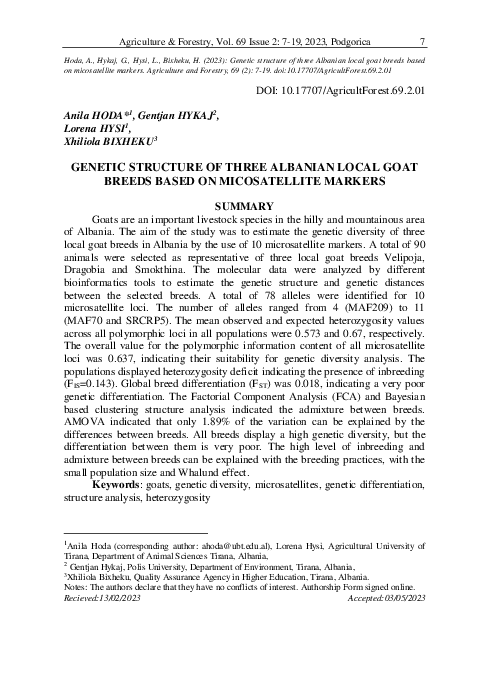 (PDF) Genetic Structure of Three Albanian Local Goat Breeds Based on Micosatellite Markers