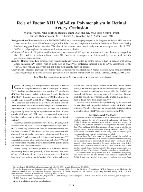 (PDF) Role of Factor XIII Val34Leu Polymorphism in Retinal Artery Occlusion