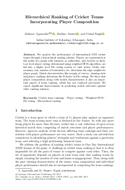 (PDF) Hierarchical Ranking of Cricket Teams Incorporating Player ...