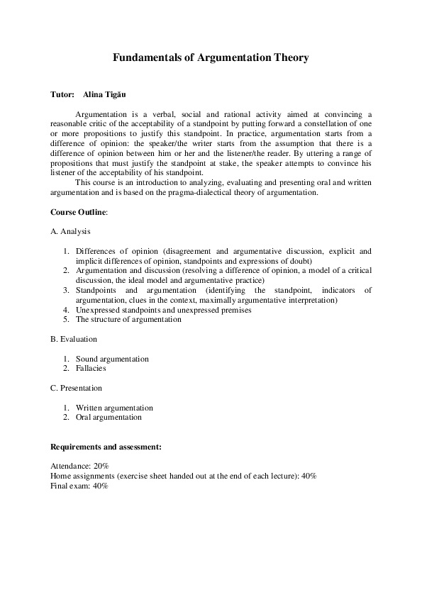 Pdf Fundamentals Of Argumentation Theory