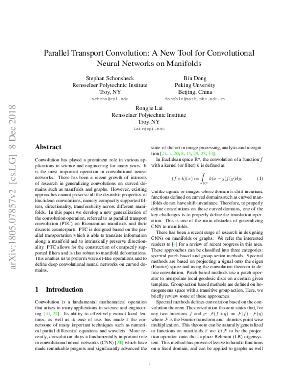 (PDF) Parallel Transport Convolution: A New Tool for Convolutional Neural Networks on Manifolds