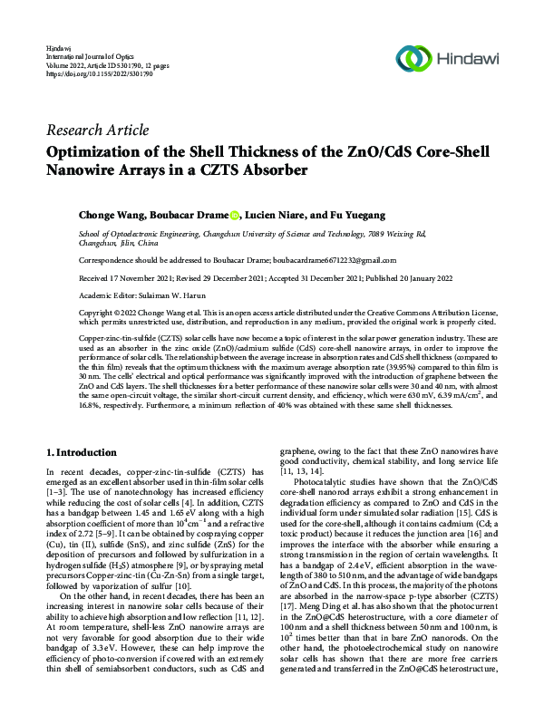 (PDF) Optimization of the Shell Thickness of the ZnO/CdS Core-Shell Nanowire Arrays in a CZTS ...