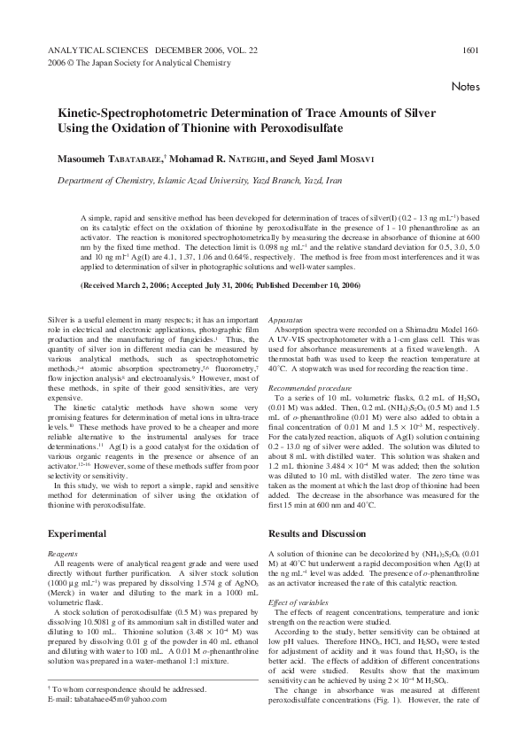 Pdf Kinetic Spectrophotometric Determination Of Trace Amounts Of Silver Using The Oxidation Of