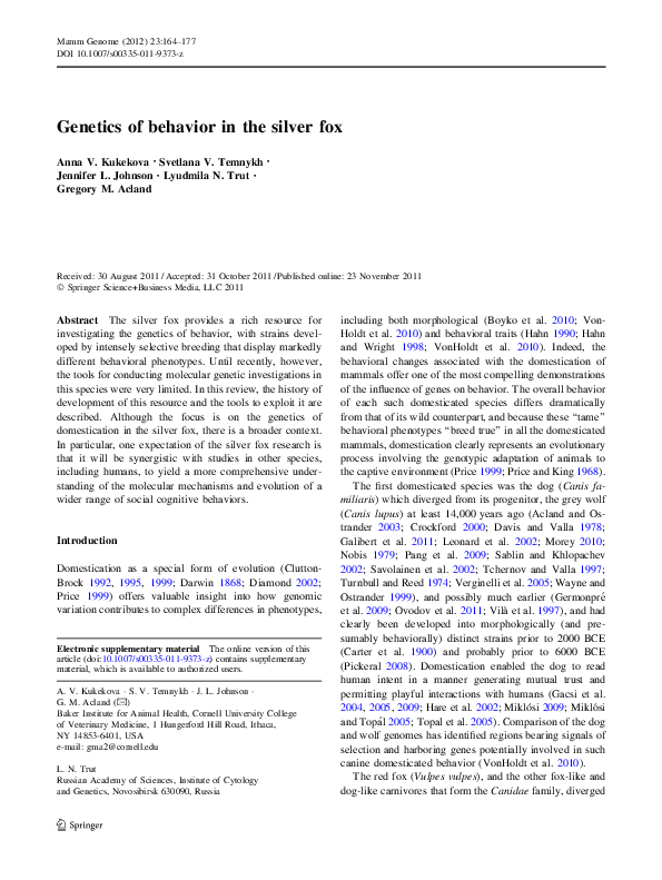 (PDF) Genetics of behavior in the silver fox