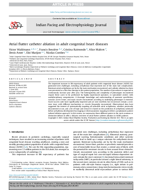 Pdf Atrial Flutter Catheter Ablation In Adult Congenital Heart Diseases Denis Amet