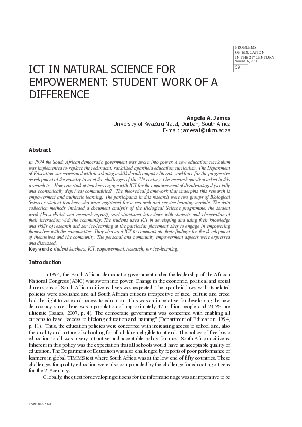 (PDF) Ict in Natural Science for Empowerment: Student Work of a Difference