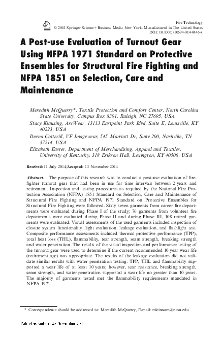 (PDF) A Post-use Evaluation of Turnout Gear Using NFPA 1971 Standard on ...