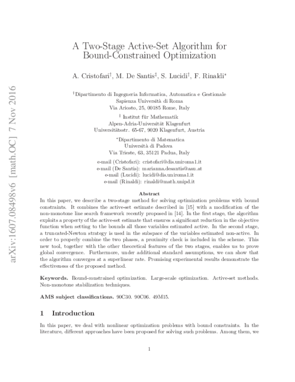 Pdf A Two Stage Active Set Algorithm For Bound Constrained