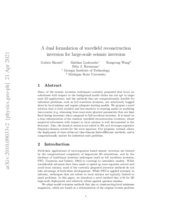 (PDF) A dual formulation of wavefield reconstruction inversion for large-scale seismic inversion