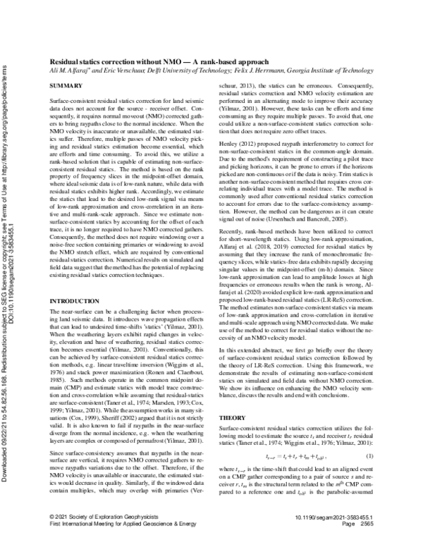 (PDF) Residual statics correction without NMO – A rank-based approach