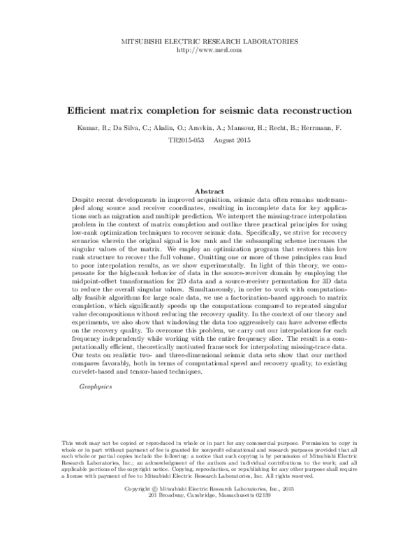 (PDF) Efficient matrix completion for seismic data reconstruction