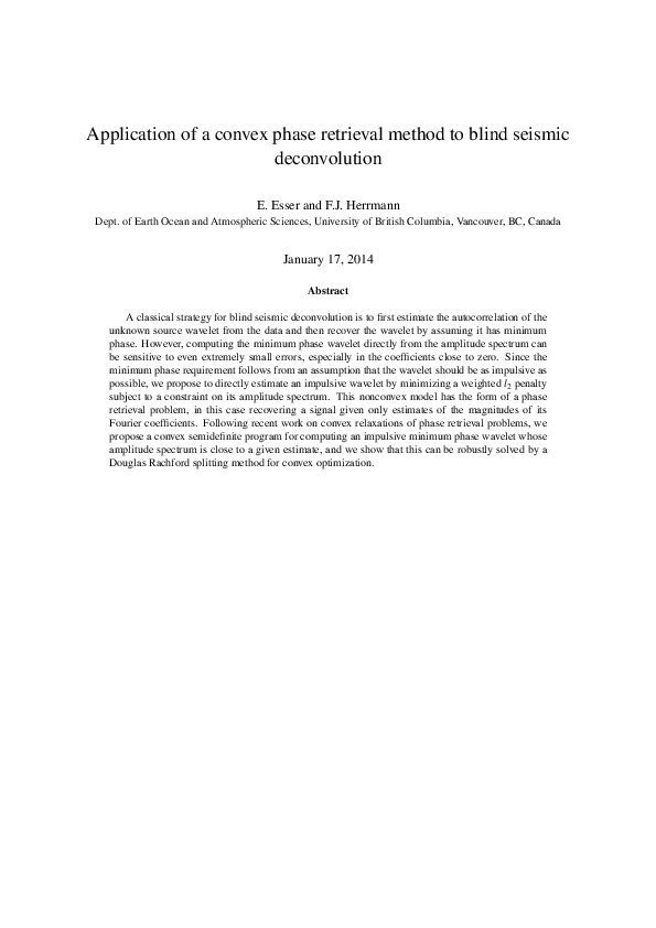 (PDF) Application of a Convex Phase Retrieval Method to Blind Seismic Deconvolution