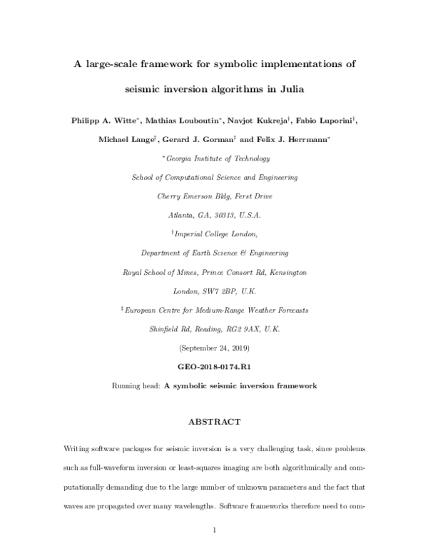Pdf A Large Scale Framework For Symbolic Implementations Of Seismic Inversion Algorithms In Julia
