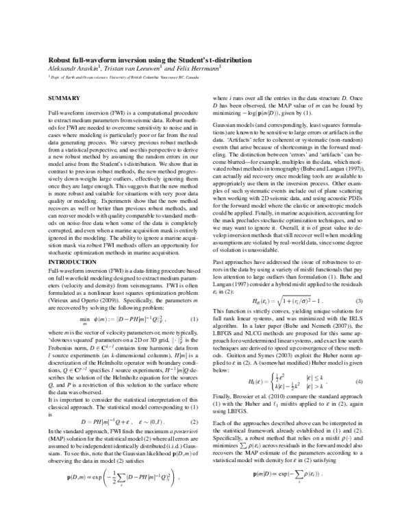 (PDF) Robust full‐waveform inversion using the Student's t‐distribution