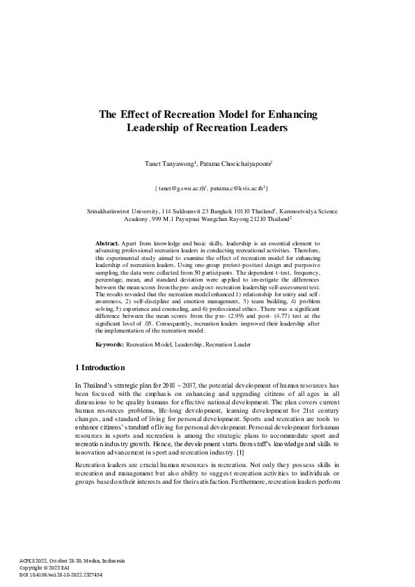(PDF) The Effect of Recreation Model for Enhancing Leadership of ...