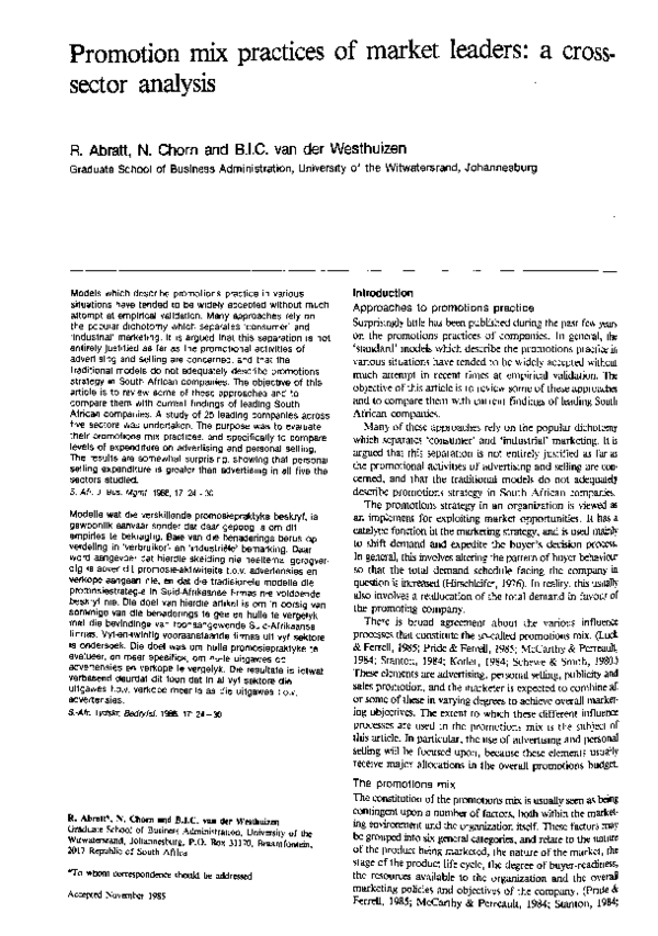 (PDF) Promotion mix practices of market leaders: A cross-sector analysis