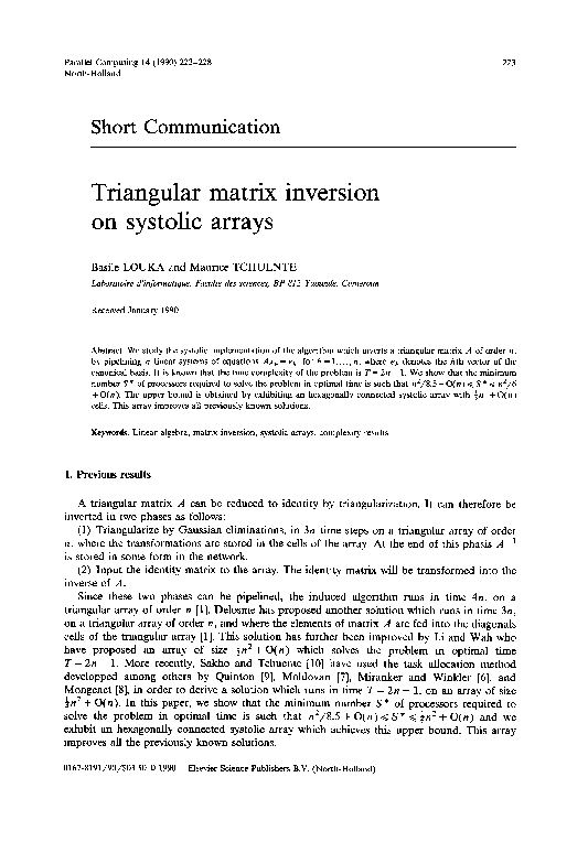 Pdf Triangular Matrix Inversion On Systolic Arrays Basile Louka