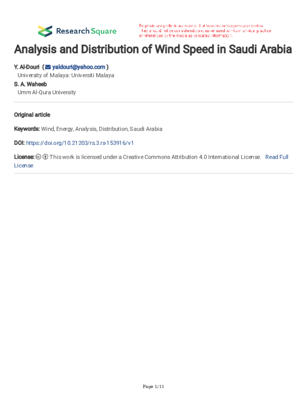 (PDF) Analysis and Distribution of Wind Speed in Saudi Arabia