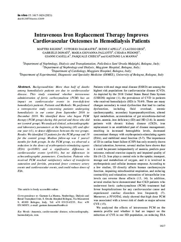 (PDF) Intravenous Iron Replacement Therapy Improves Cardiovascular Outcomes in Hemodialysis Patients
