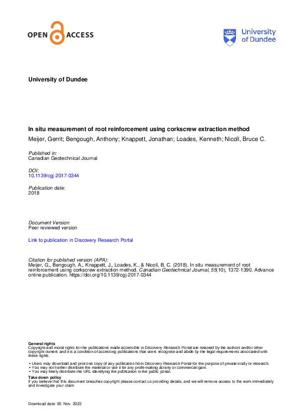 (PDF) In situ measurement of root reinforcement using corkscrew ...