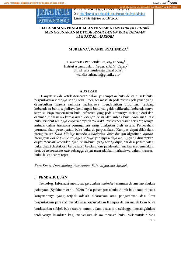 (PDF) Data Mining Pengolahan Penempatan Library Books Menggunakan Metode Association Rule Dengan ...