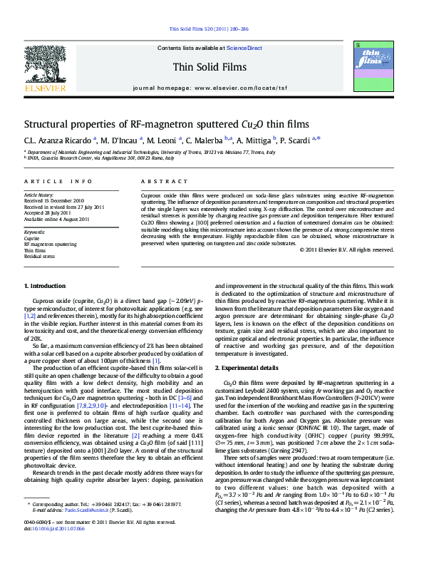 (PDF) Structural properties of RF-magnetron sputtered Cu2O thin films