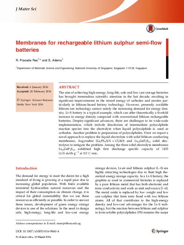 (PDF) Membranes for rechargeable lithium sulphur semi-flow batteries