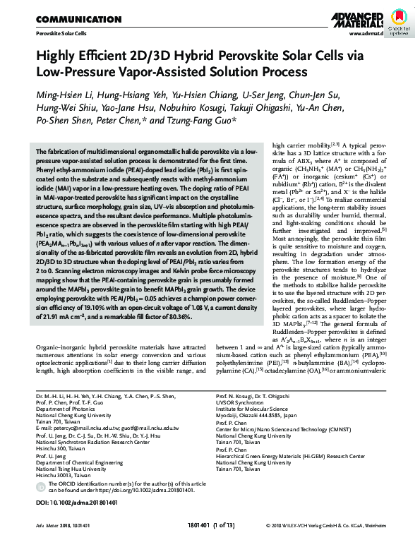 (PDF) Highly Efficient 2D/3D Hybrid Perovskite Solar Cells via Low-Pressure Vapor-Assisted ...