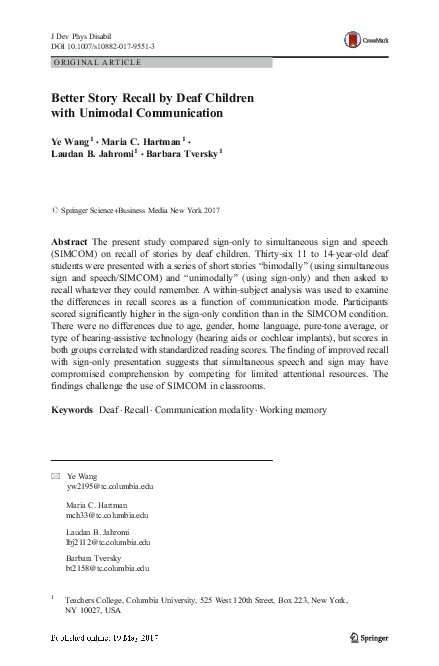 (PDF) Better Story Recall by Deaf Children with Unimodal Communication