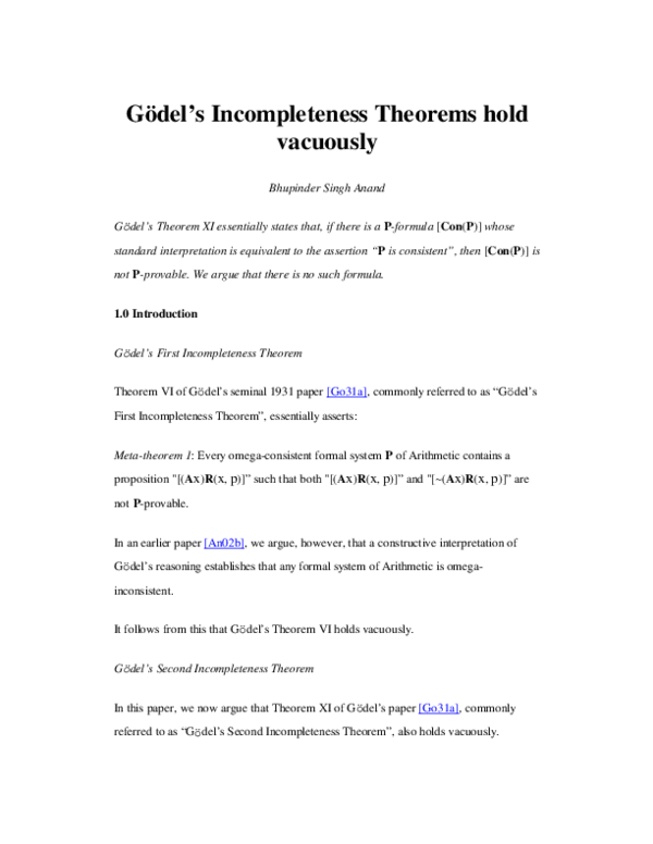 (PDF) Goedel's Incompleteness Theorems hold vacuously | Bhupinder Singh ...