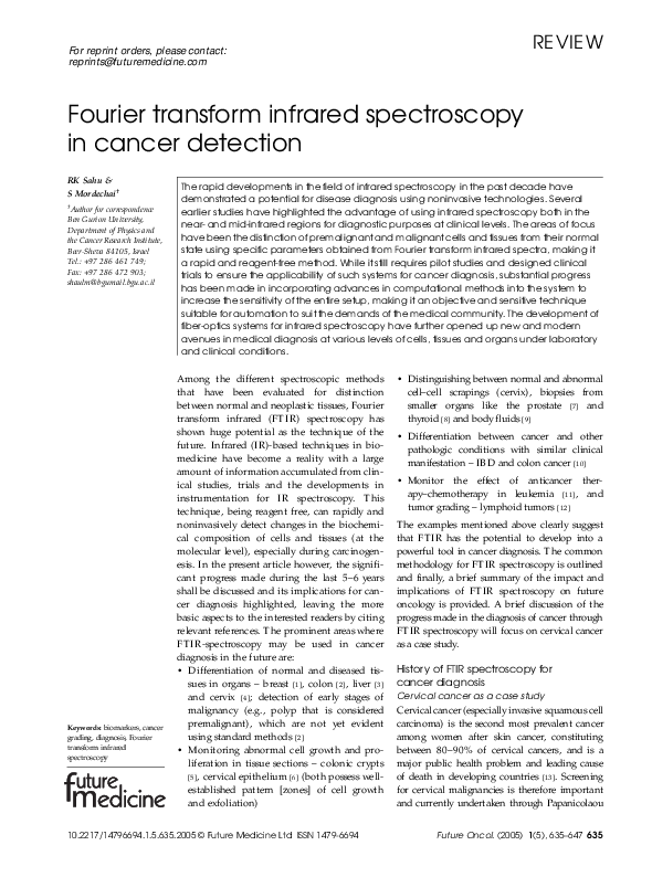 Pdf Fourier Transform Infrared Spectroscopy In Cancer Detection