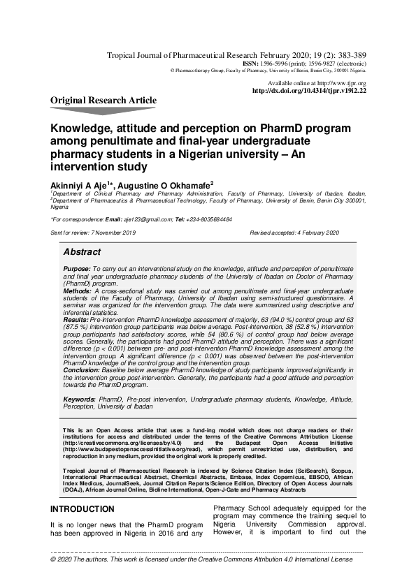 (PDF) Knowledge, attitude and perception on PharmD program among penultimate and final-year ...