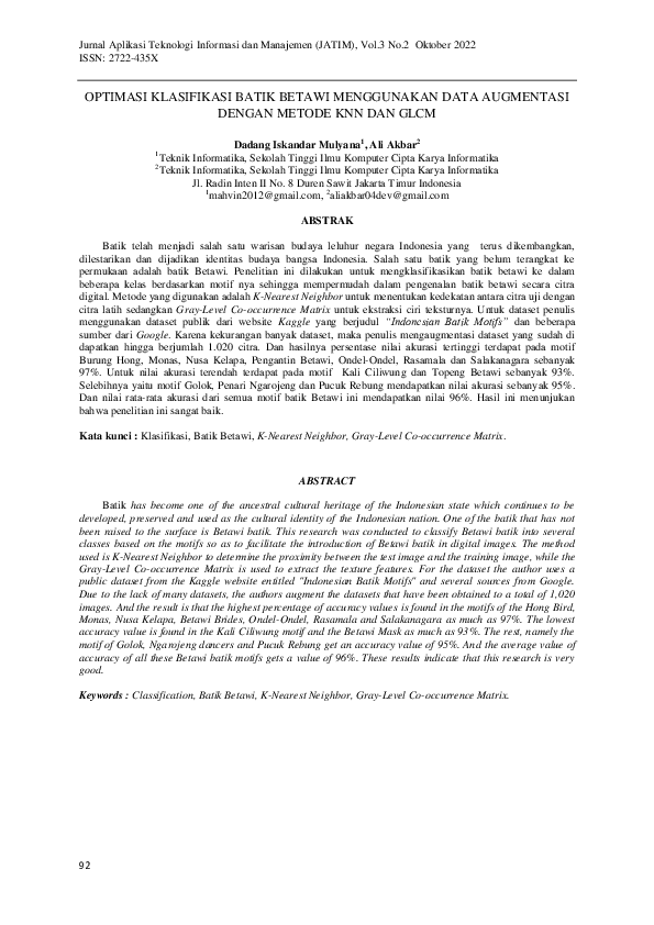 (PDF) Optimasi Klasifikasi Batik Betawi Menggunakan Data Augmentasi Dengan Metode KNN Dan GLCM