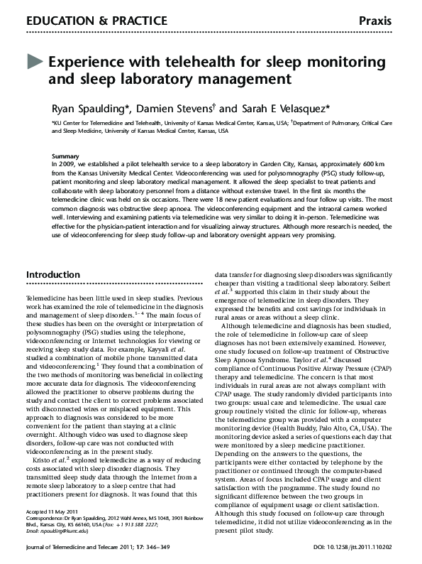 (PDF) Experience with telehealth for sleep monitoring and sleep laboratory management