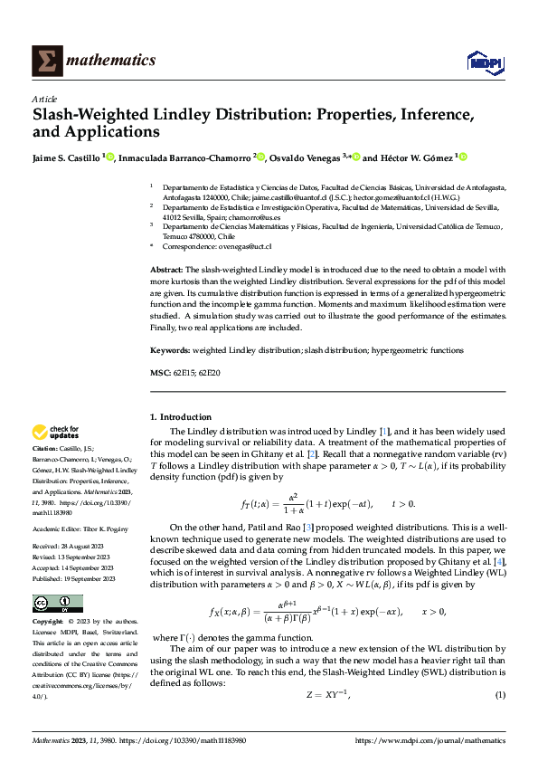 (PDF) Slash-Weighted Lindley Distribution: Properties, Inference, and Applications