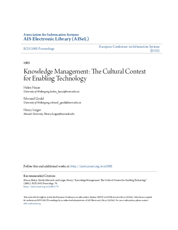 (PDF) Knowledge Management: The Cultural Context for Enabling Technology