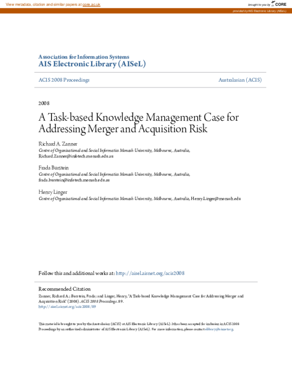 (PDF) A Task-based Knowledge Management Case for Addressing Merger and Acquisition Risk
