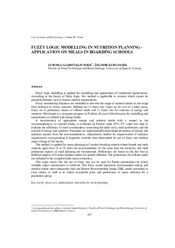 (PDF) Fuzzy logic modelling in nutrition planning-application on meals ...