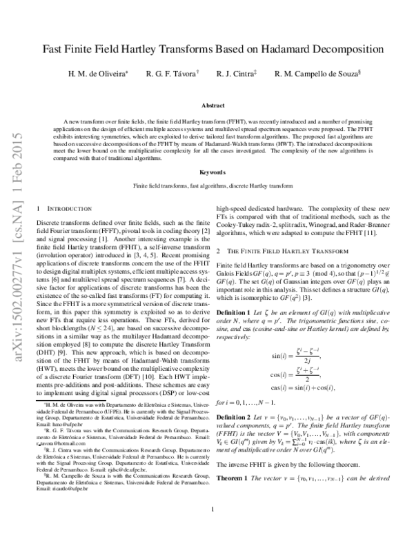 (PDF) Fast Finite Field Hartley Transforms Based on Hadamard Decomposition
