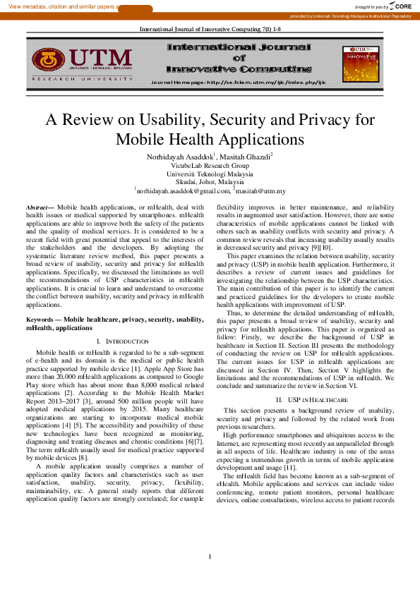 (PDF) A Review on Usability, Security and Privacy for Mobile Health Applications