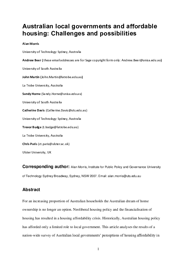 (PDF) Australian local governments and affordable housing: Challenges ...