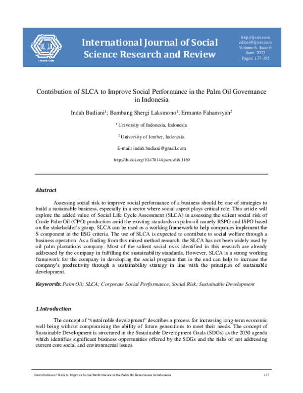(PDF) Contribution of SLCA to Improve Social Performance in the Palm ...