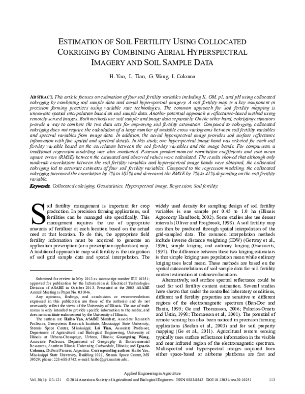 (PDF) Estimation of Soil Fertility Using Collocated Cokriging by Combining Aerial Hyperspectral ...