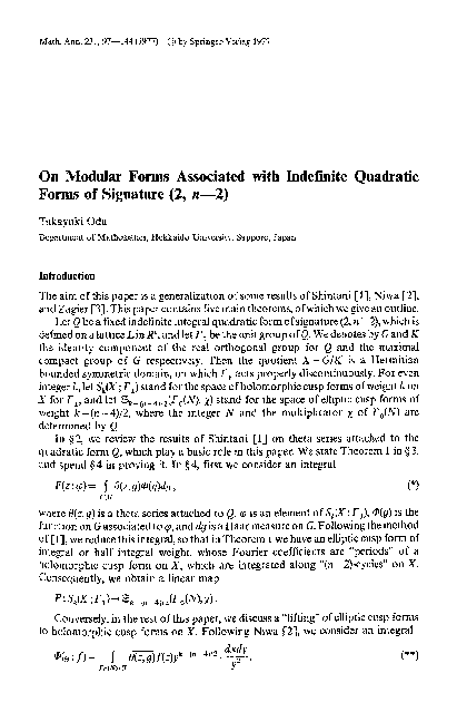 (PDF) On modular forms associated with indefinite quadratic forms of signature (2,n?2)