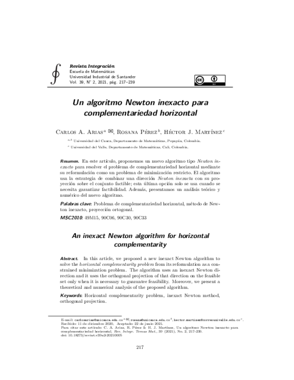 (PDF) Un algoritmo Newton inexacto para complementariedad horizontal