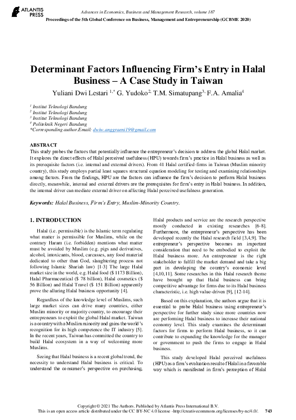 (PDF) Determinant Factors Influencing Firm’s Entry in Halal Business – A Case Study in Taiwan