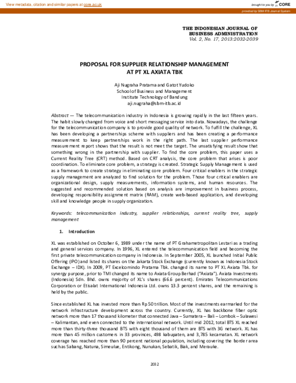 (PDF) Proposal for Supplier Relationship Management at PT XL Axiata TBK