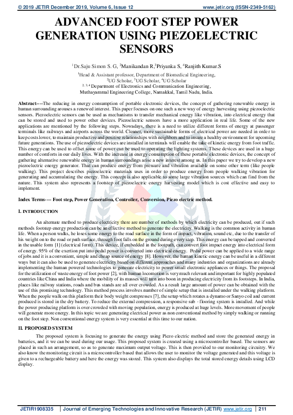 Pdf Advanced Foot Step Power Generation Using Piezoelectric Sensors