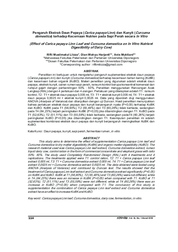 (PDF) Pengaruh Ekstrak Daun Pepaya (Carica papaya Linn) dan Kunyit (Curcuma domestica) terhadap ...